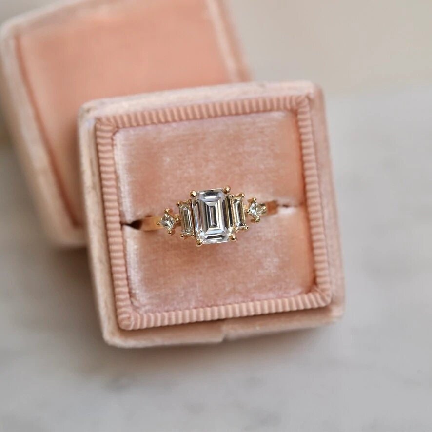 Cluster Emerald Moissanite Engagement Ring 14k Solid Gold | Etsy