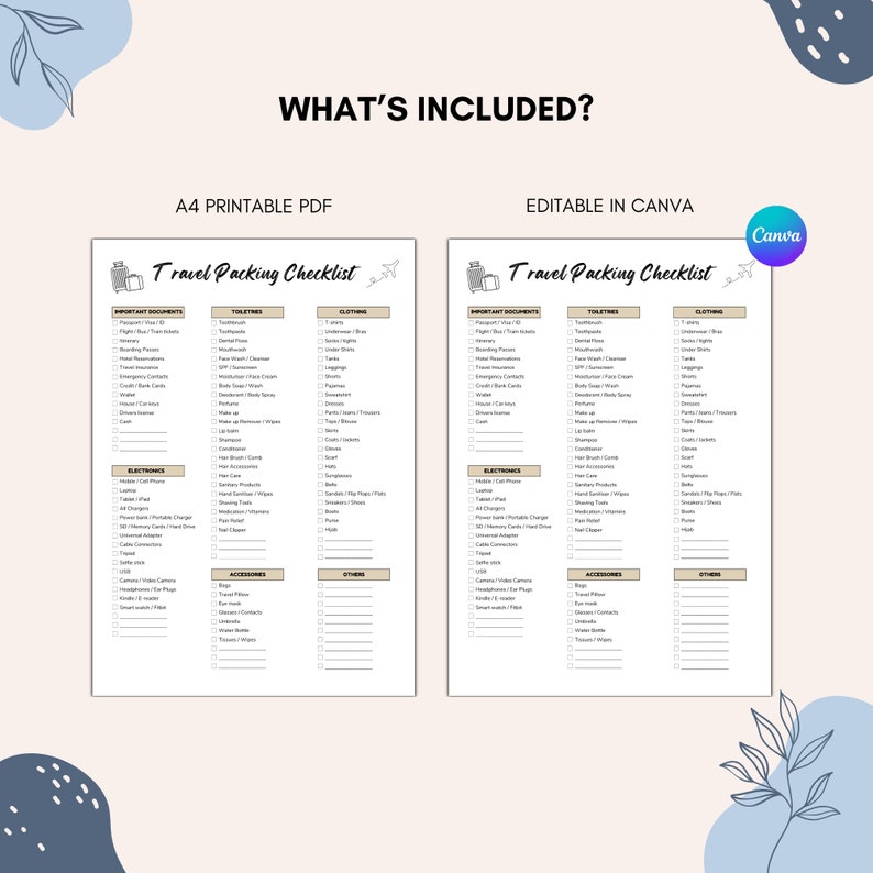 Printable Travel Packing Checklist: Editable Canva Template (PDF) - Etsy