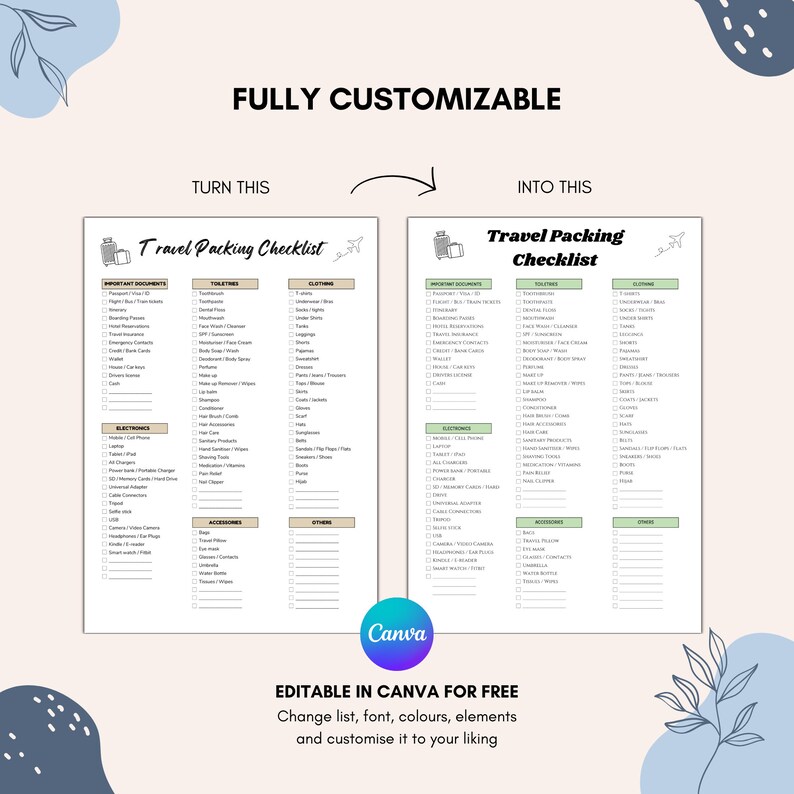 Printable Travel Packing Checklist: Editable Canva Template (PDF) - Etsy