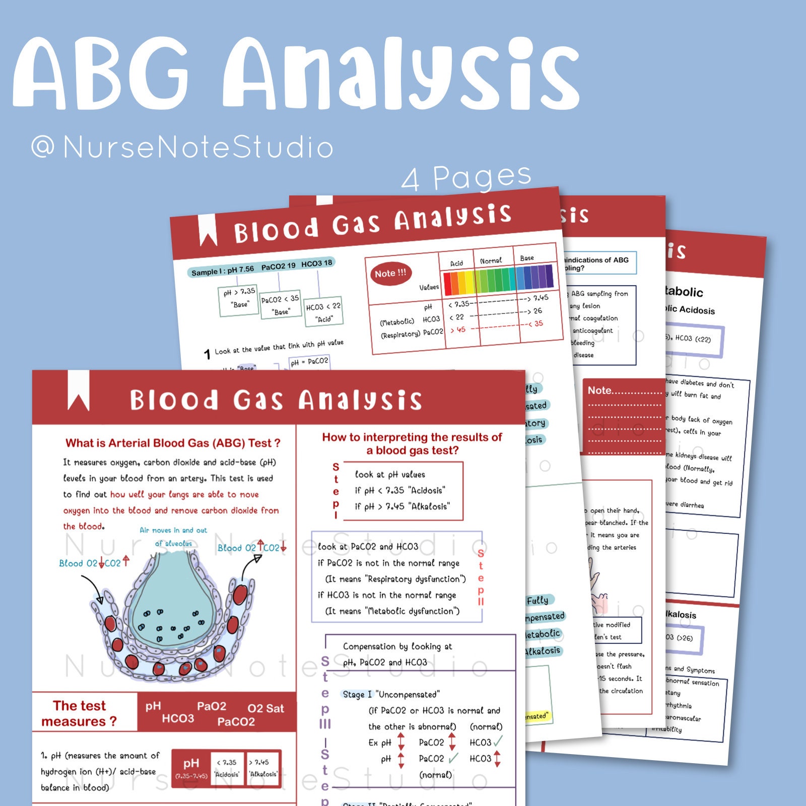 ABG Analysis Study Guide 4 Pages Nursing School | Etsy