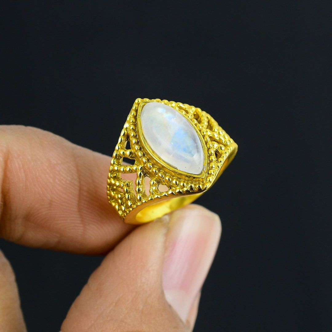 18k Shiny Gold Plated Ring, Natural Gemstone Ring, Moonstone Ring, Gold ...