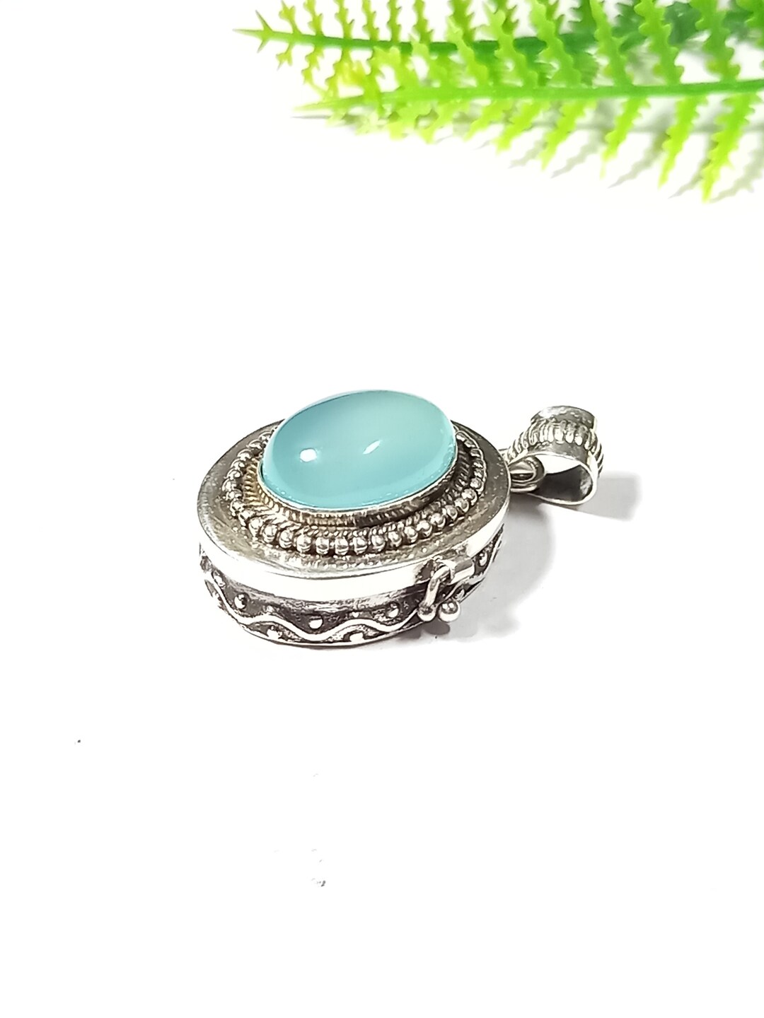 92.5 Silver Openable Box Pendant, Natural Aqua Chalcedony Gemstone ...