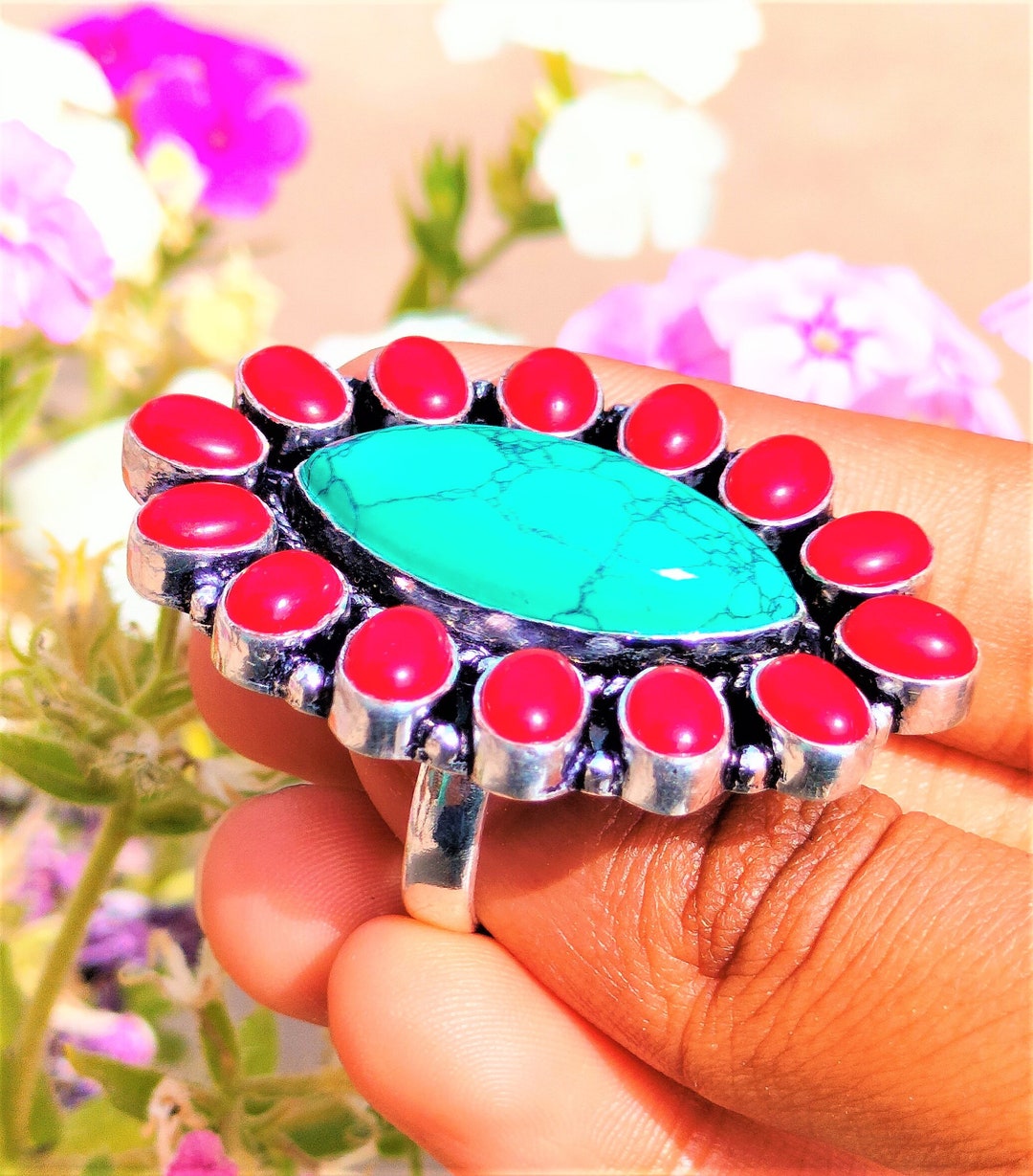 Red Coral & Turquoise Ring, Handmade Cluster Ring, Natural Red Coral ...