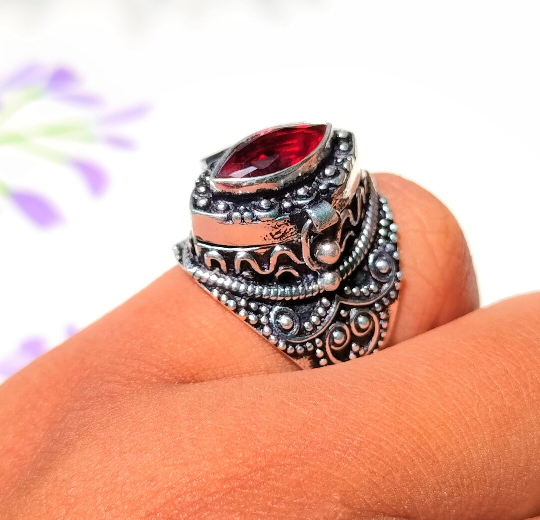 Handmade Poison Ring, Red Garnet Gemstone Ring, Secret Compartment Ring ...