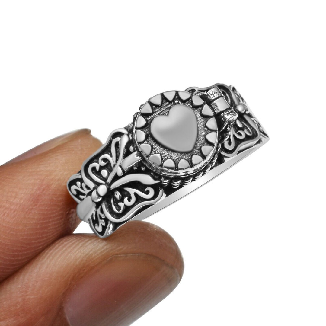 Silver Heart Design Ring, Secret Compartment Ring, Pill Box Ring, Heart ...