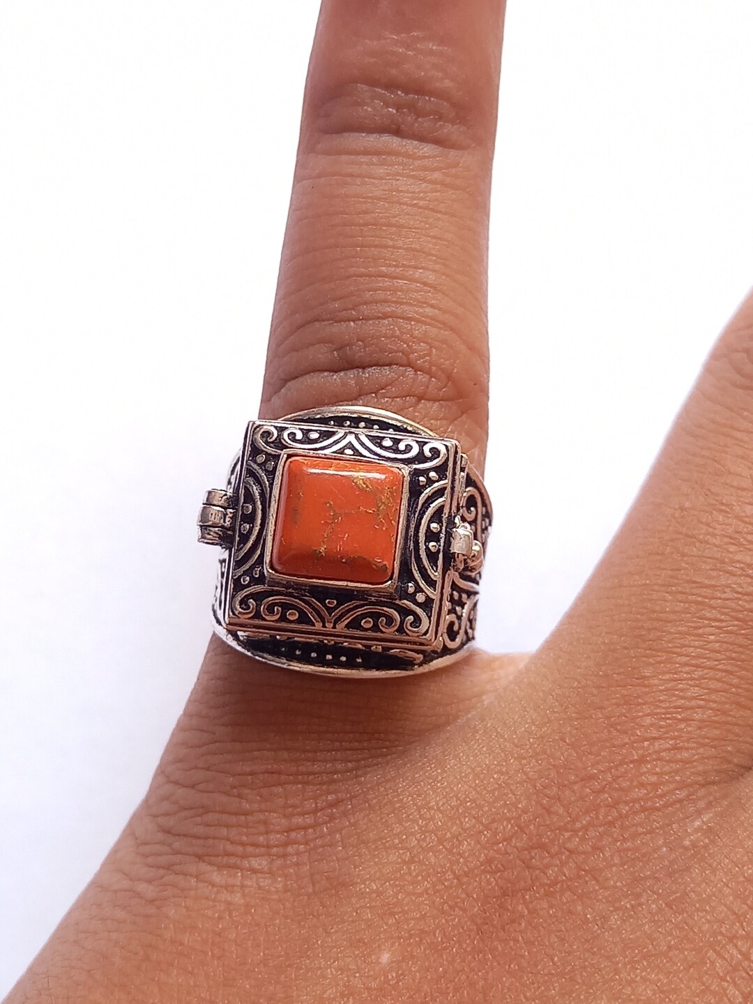 Rare Poison Ring, Orange Turquoise Secret Box Ring, Secret Compartment ...