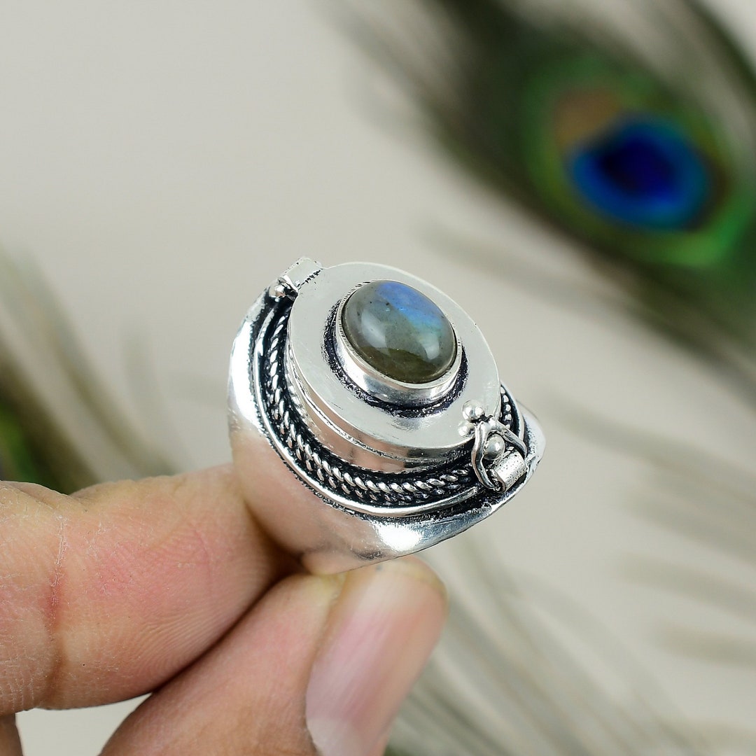 925 Sterling Silver Poison Ring, Labradorite Ring, Secret Box Ring ...
