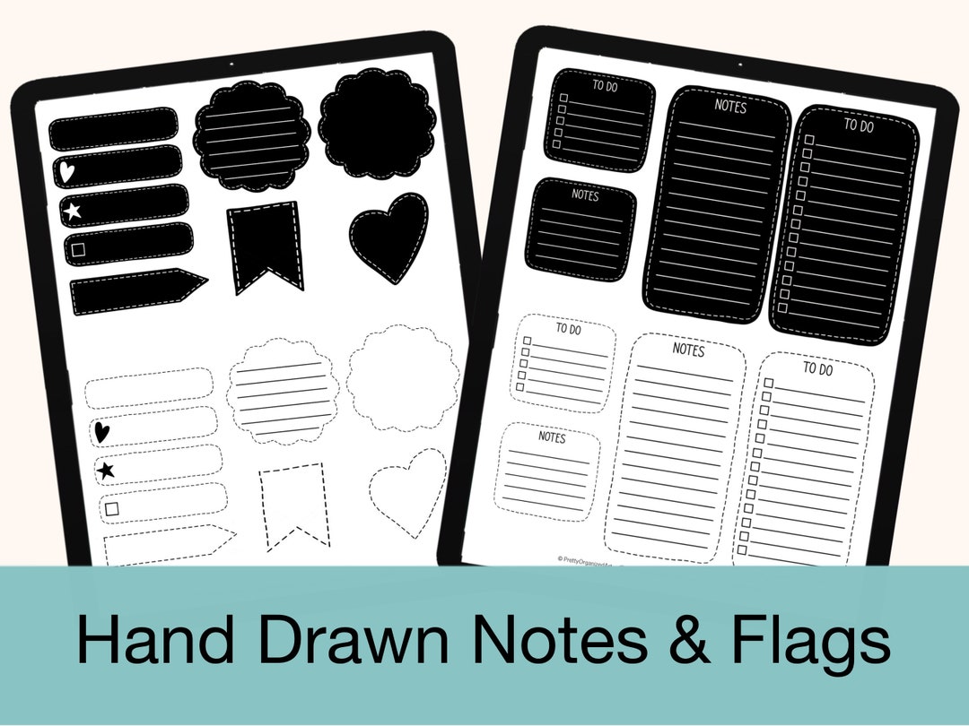 Hand Drawn Notes and Flag Stickers for Digital Planners and Journals ...