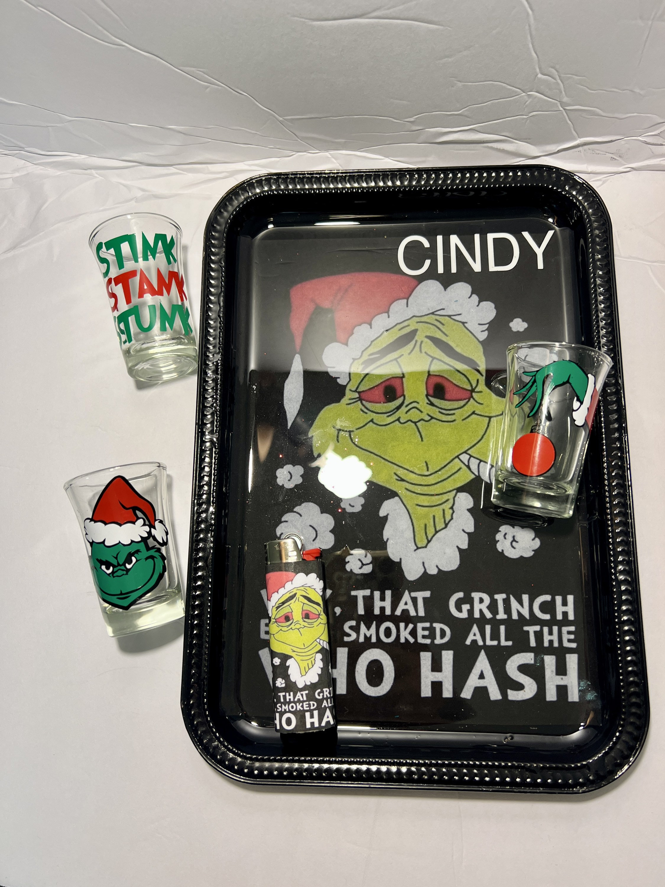 Grinch Rolling Tray With Lighter and Shotglasses Christmas Tray Funny ...