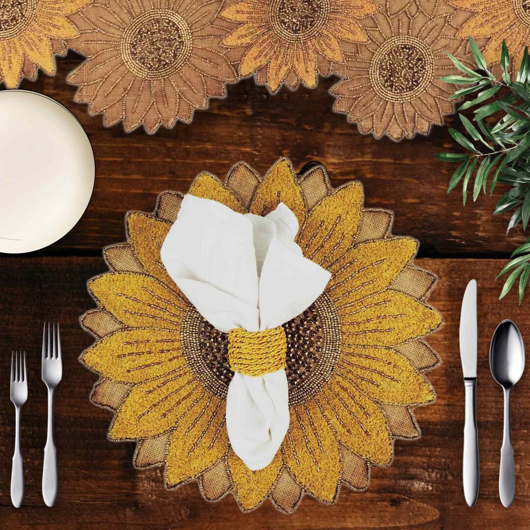 Sunflower Bead Table Setting for 4 Embroidered Placemats, Napkin Rings ...