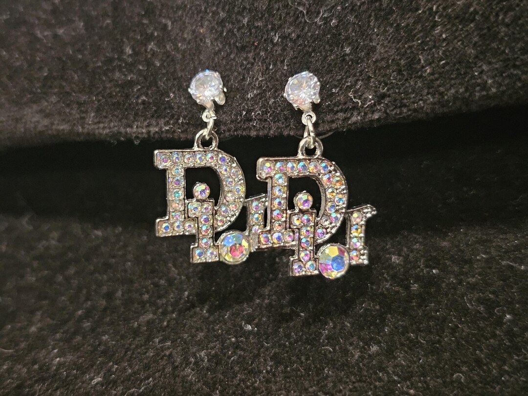Vintage Christian Dior Logo Aurora Crystal Encrusted Dangle Pierced ...