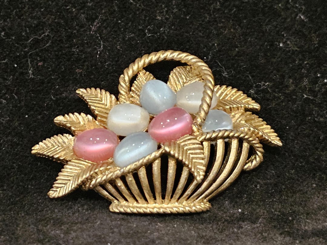 Vintage CROWN TRIFARI Easter Egg Basket Pastel Moonstone Cabachons ...