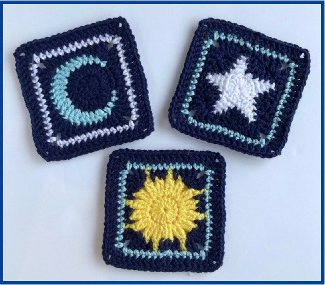 Celestial Granny Squares Crochet Pattern PDF, Sun, Moon, and Star ...