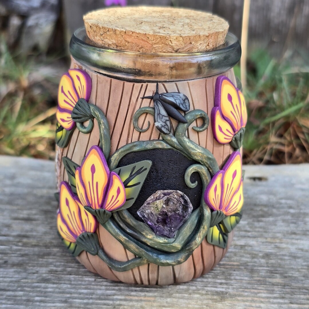 Art Deco Floral Stash Jar With Amethyst. Nug Jug, Keeper. Hand Sculpted ...