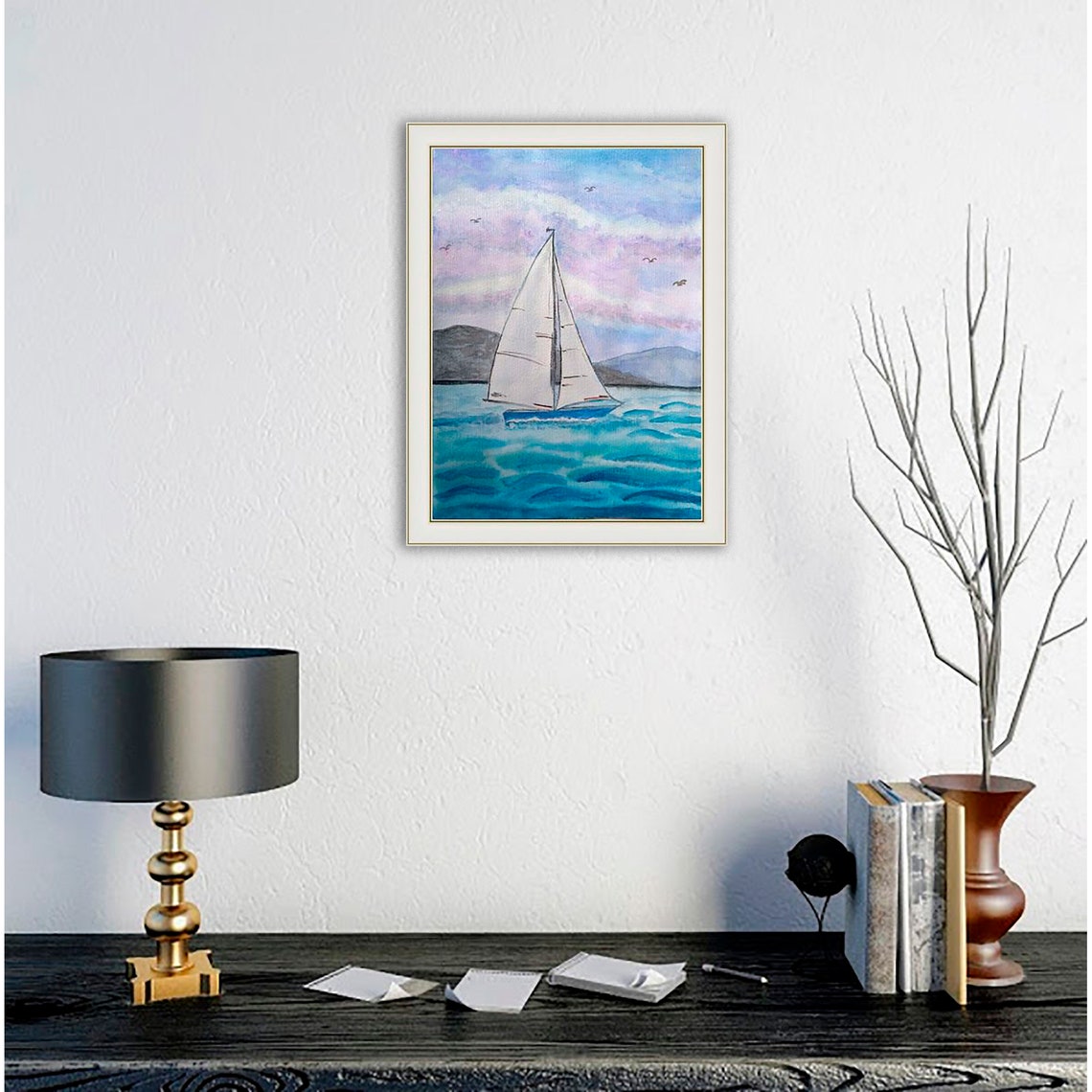 Sailboat on Waves Painting Original Art Watercolor Abstract - Etsy