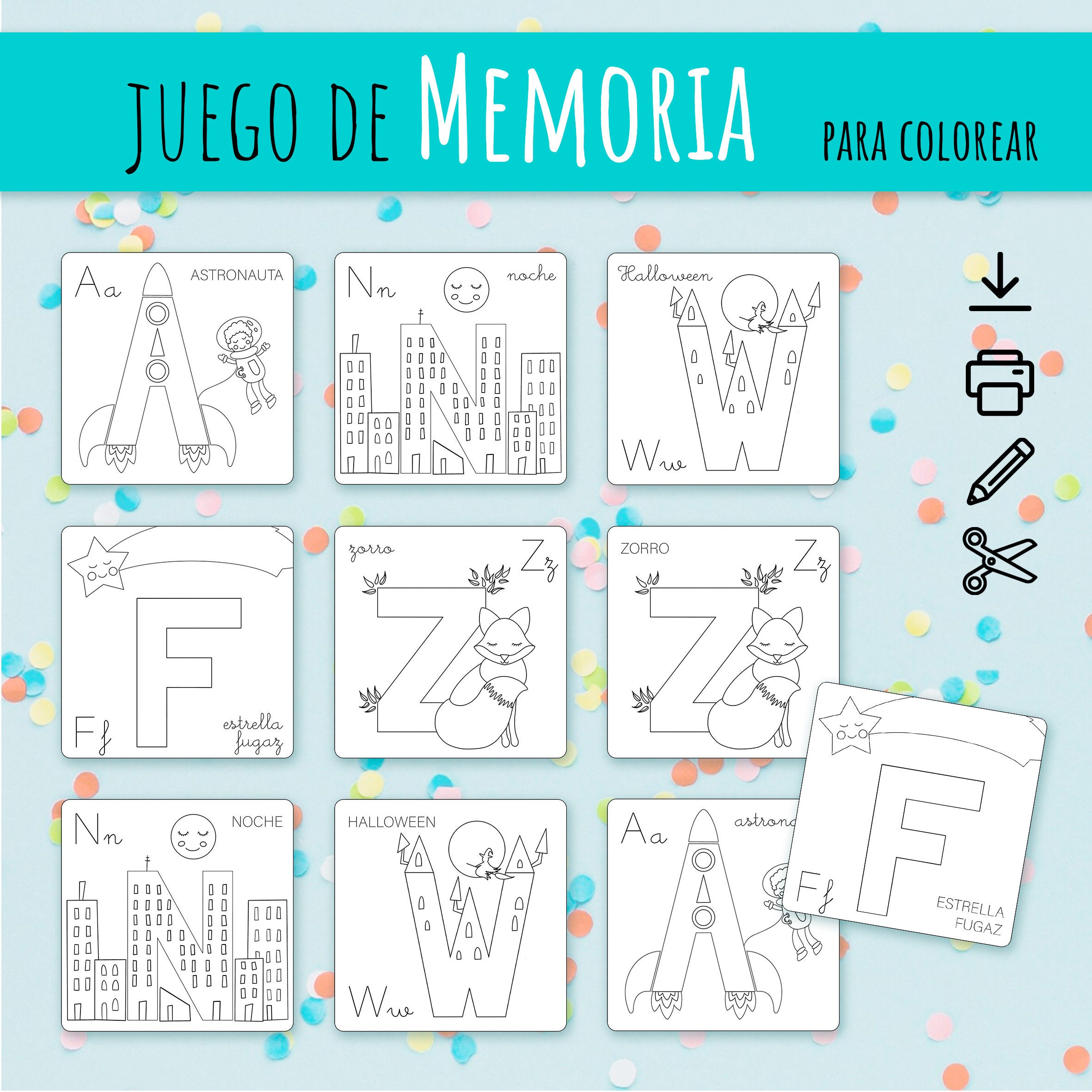 Coloring Memory Game, Printable Alphabet Cards, Board Game, Visual ...