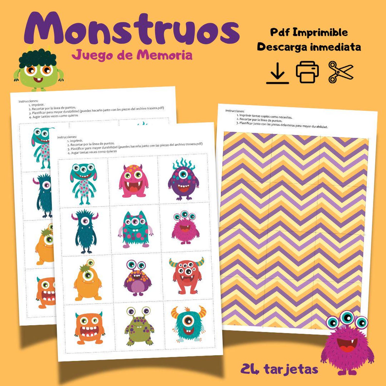 Monsters Memory Game, Printable Visual Memory Game, Printable Monster ...