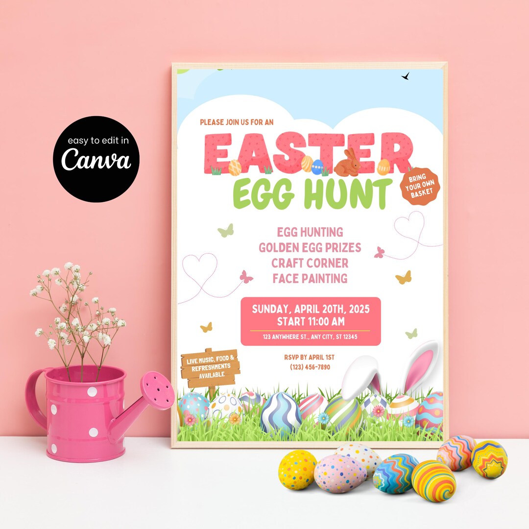 Easter Egg Hunt Invitation Template: Spring Party Flyer (canva Editable ...