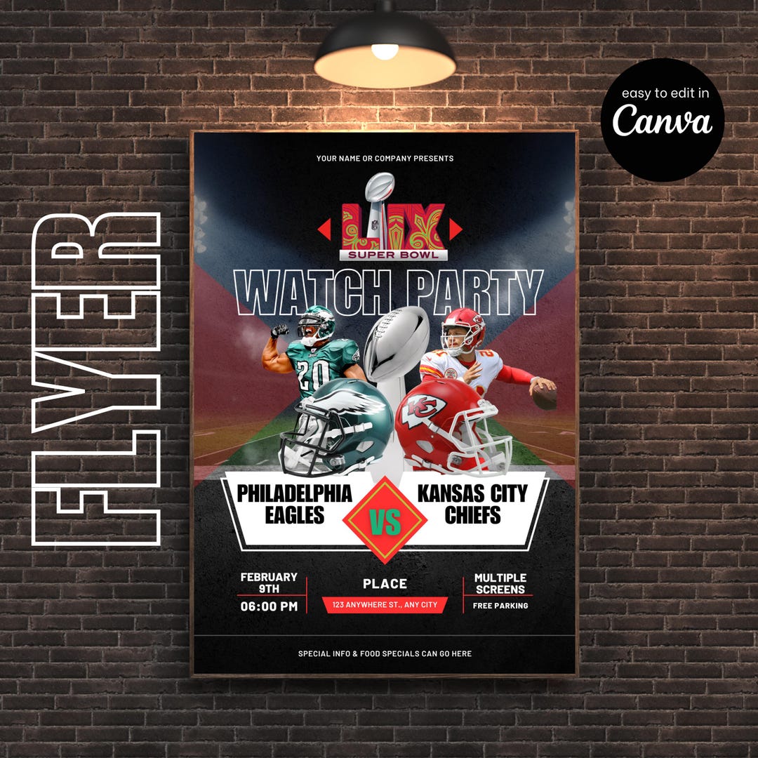 Super Bowl Watch Party Flyer Canva Template Editable Invite Game Day ...