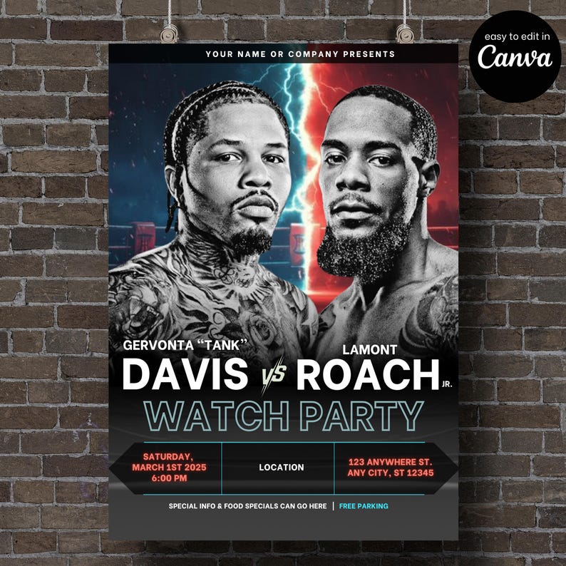 Davis Vs. Roach Jr. Boxing Watch Party | Canva Template | Customizable ...