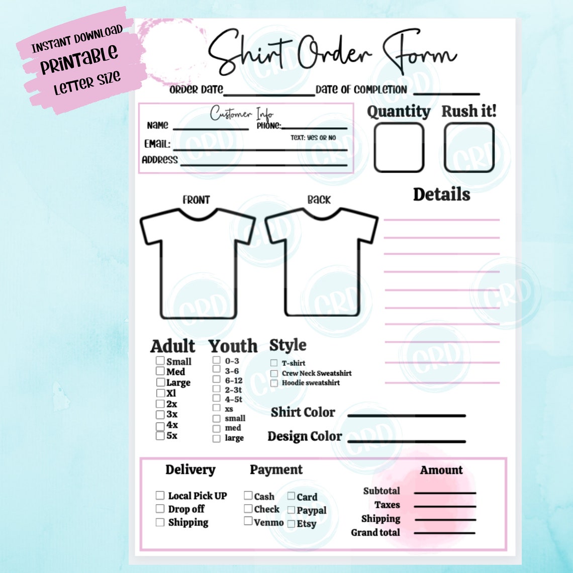 T-shirt Order Form Crafters Order Form PDF Instant Download Print Ready ...