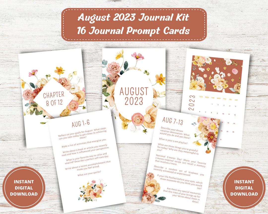 August 2023 Journal Prompts, Monthly Journal Kit, Writing Prompts, 5 ...