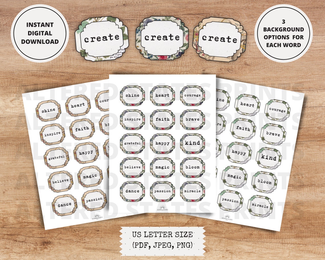Junk Journal Words, Junk Journal Labels, Printable Words, Ephemera ...
