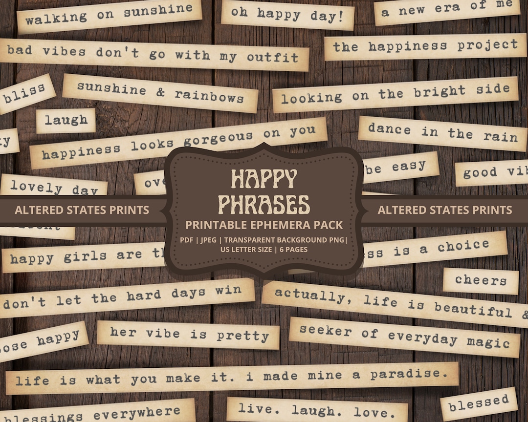 Happy Phrases, Printable Words, Ephemera Pack, Typewriter Print ...