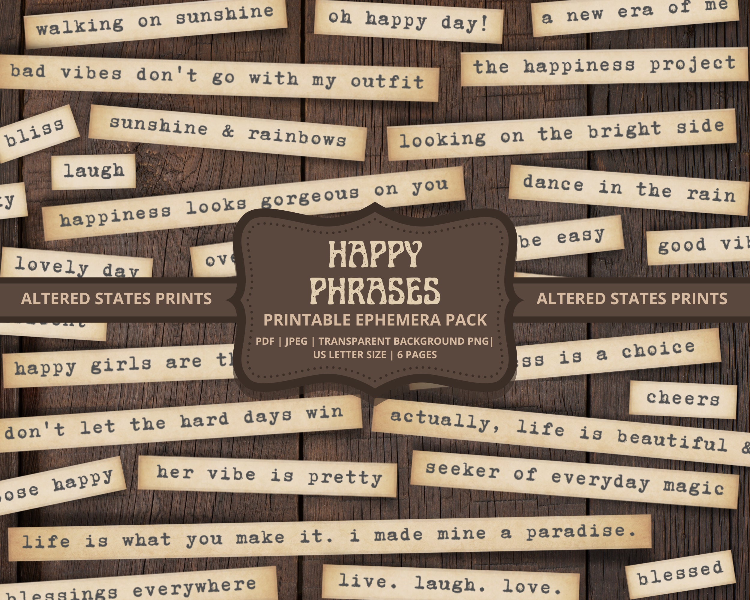 Happy Phrases, Printable Words, Ephemera Pack, Typewriter Print ...