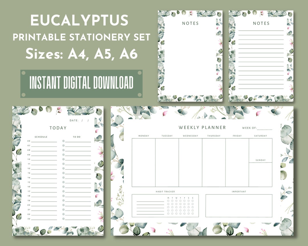 Botanical Stationary Set of 4, Eucalyptus Border Planner Notepad ...