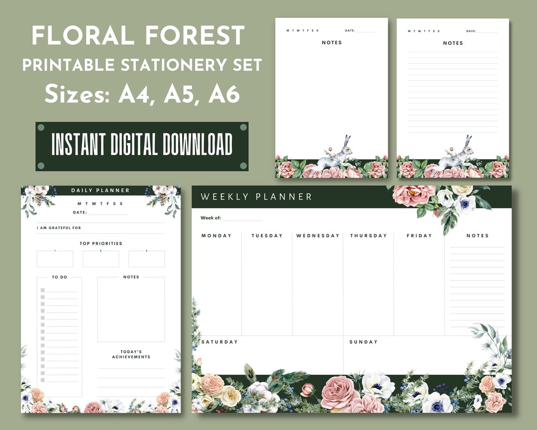 Floral Enchanted Forest Printable Stationery, Digital Notepad, Planner ...