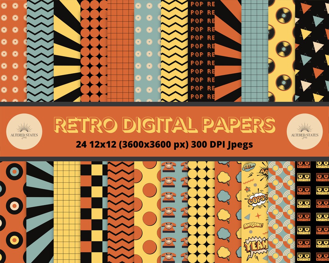 Retro Digital Papers, Printable Scrapbook Papers, W/ Checkerboard ...