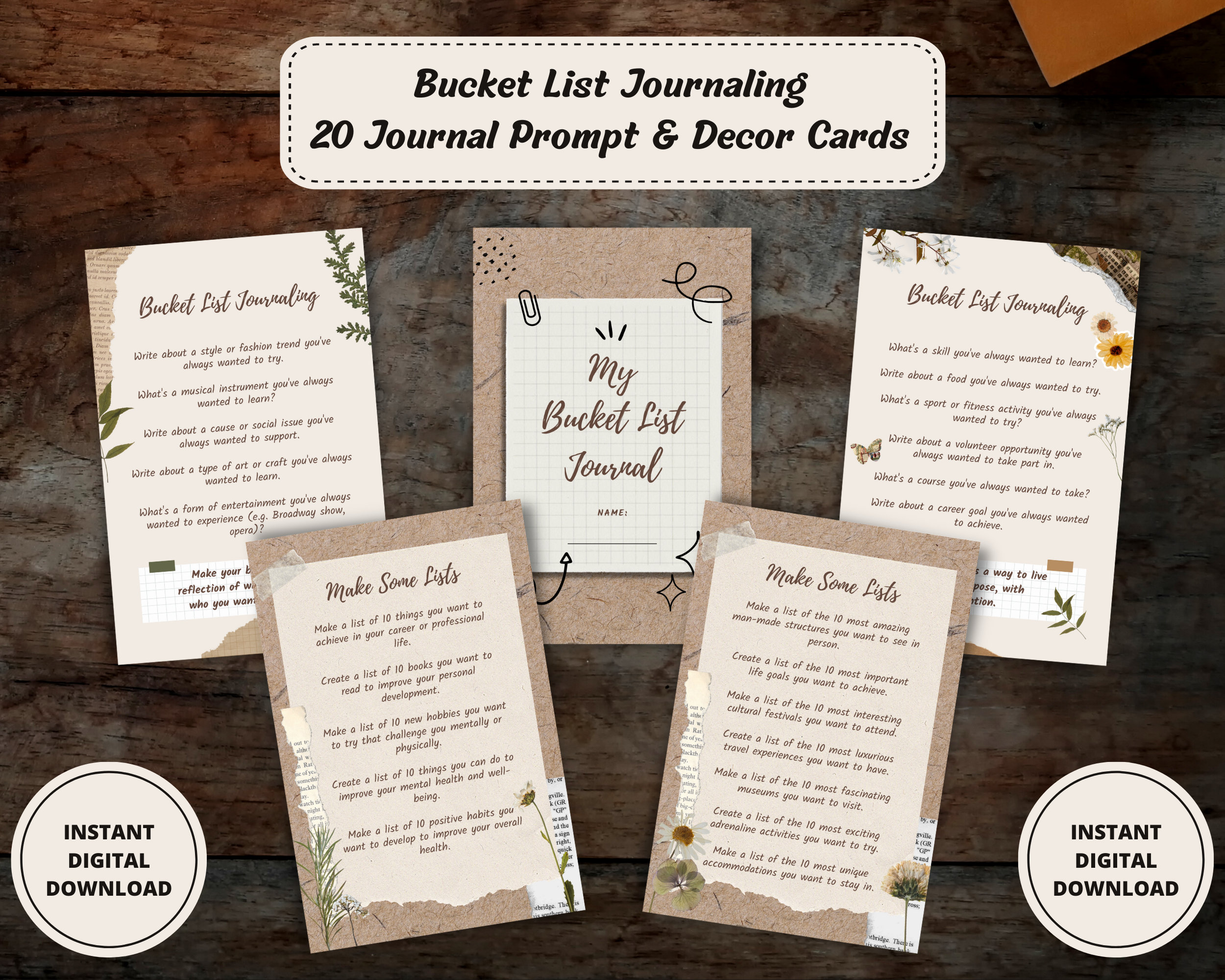 Bucket List Journal Prompts, Printable Journal Cards, Goal Setting ...