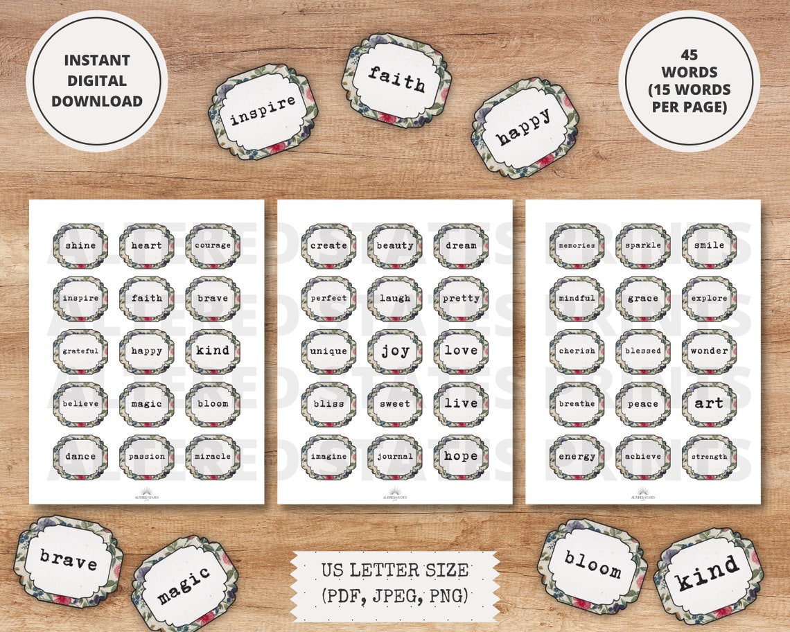 Junk Journal Words, Junk Journal Labels, Printable Words, Ephemera ...