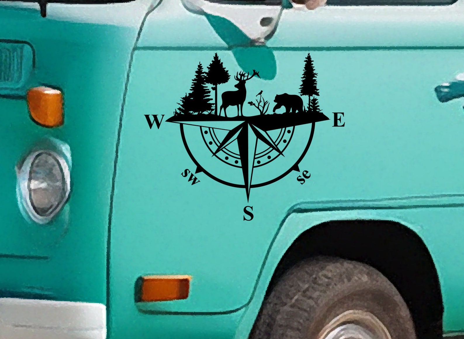 Forest Deer Bear Compass Vinyl Decal - Van Camper Caravan Decor - Etsy