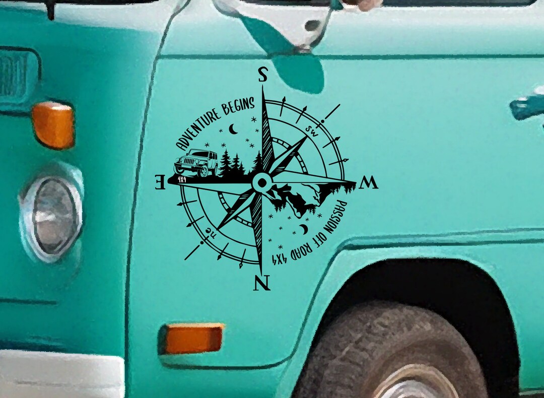 The Adventure Begins With a Compass and Jeep Vinyl Sticker - Vinyl ...