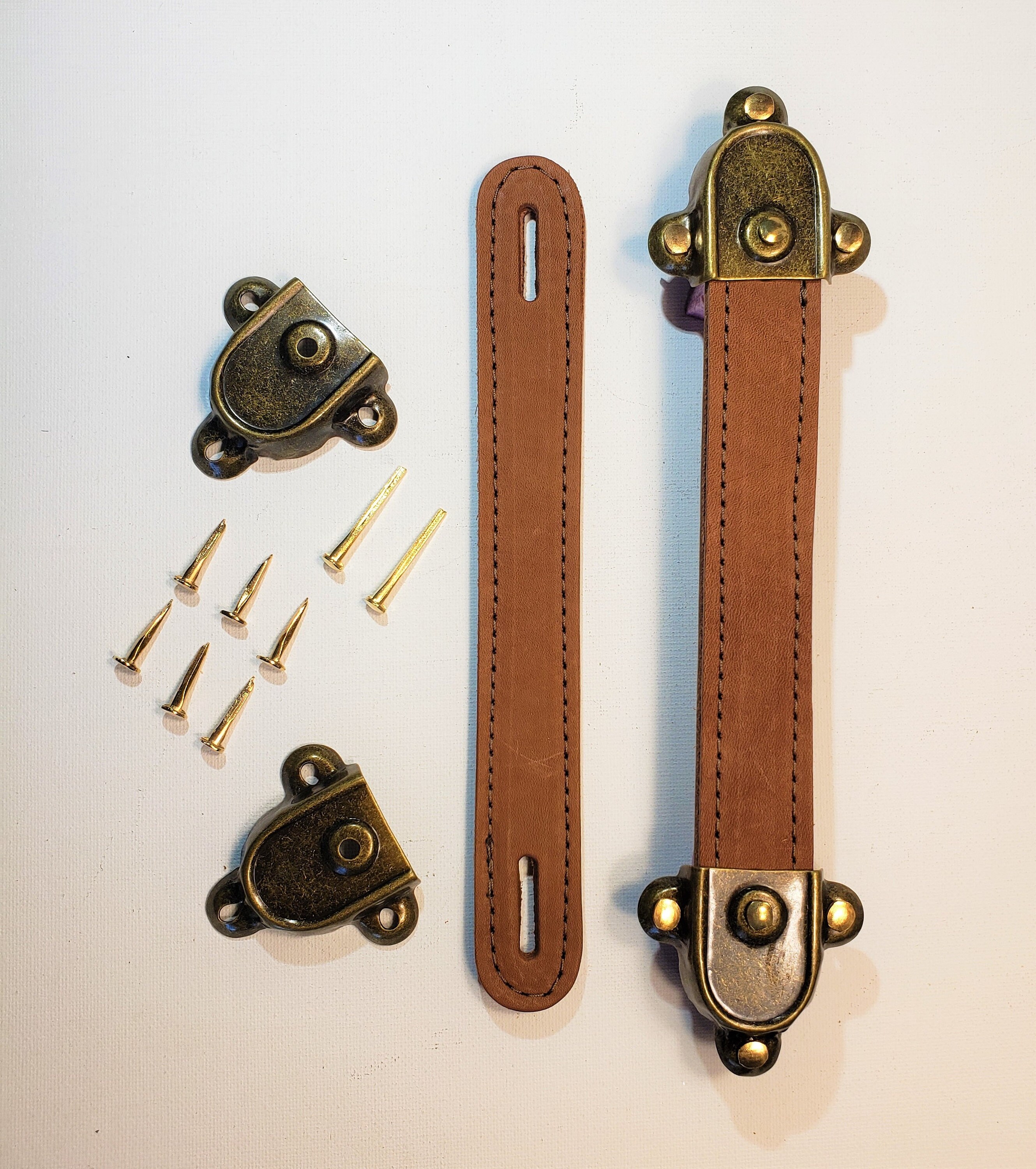 Antique Trunk Handle Kit Antique Brass Three Ear Cap, Leather Trunk ...