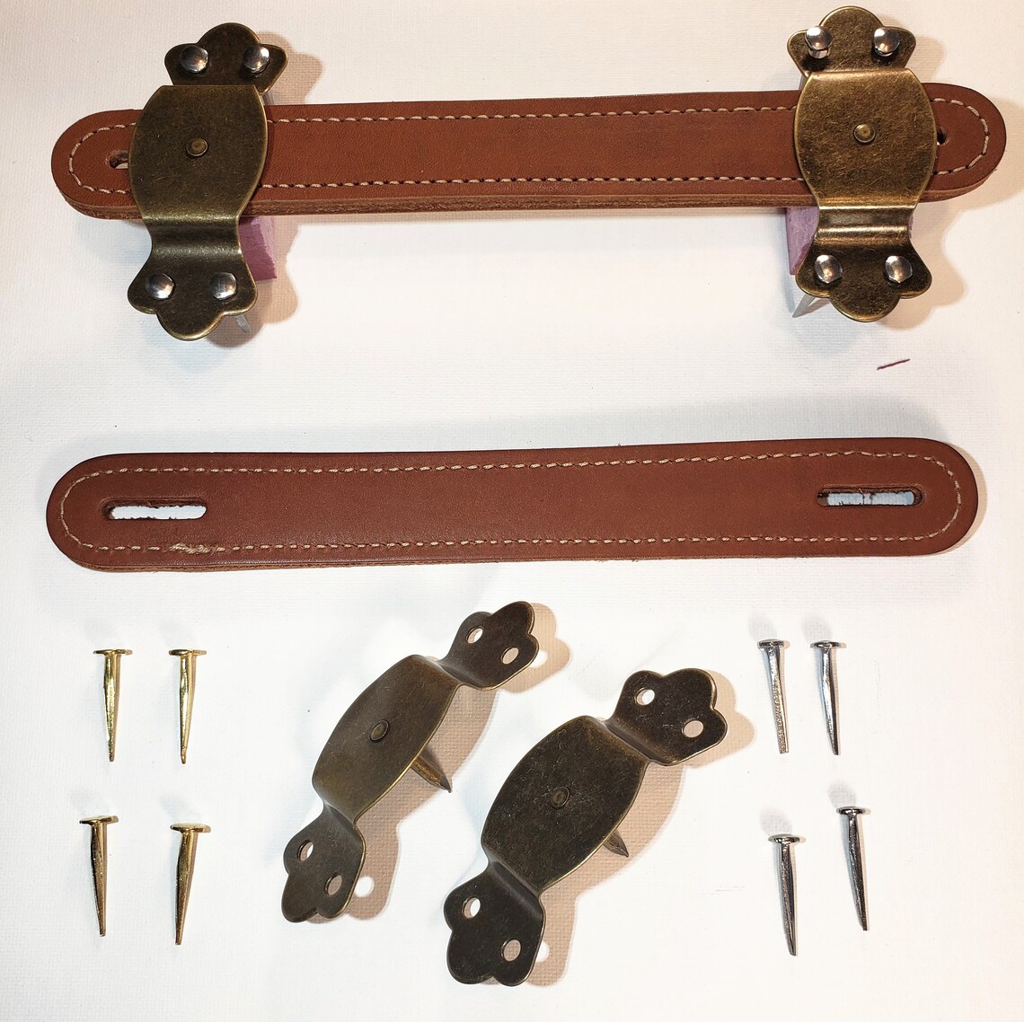 Antique Brass Handle Kit, Bowie Loop Style, Slotted Leather Trunk ...