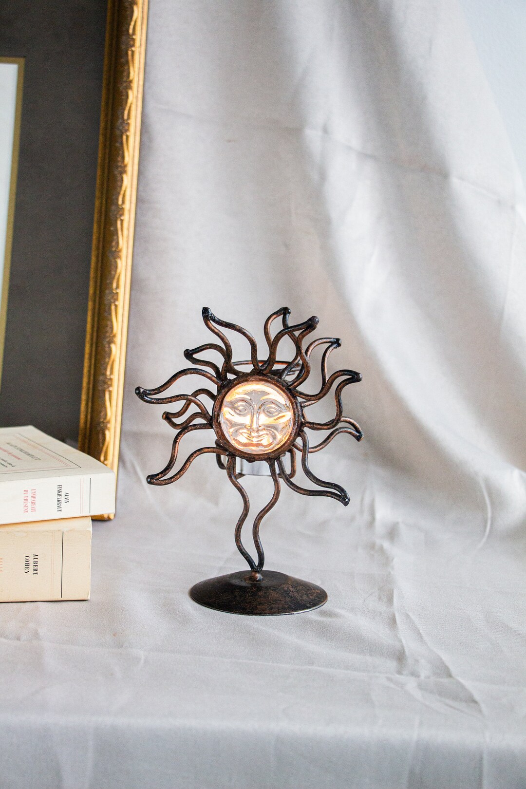 Vintage Wrought Iron Glass Sun Face Rustic Metal Sunburst Candle Holder ...