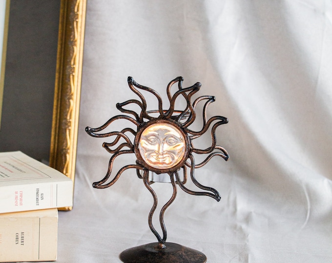 Vintage Wrought Iron Glass Sun Face Rustic Metal Sunburst Candle Holder ...