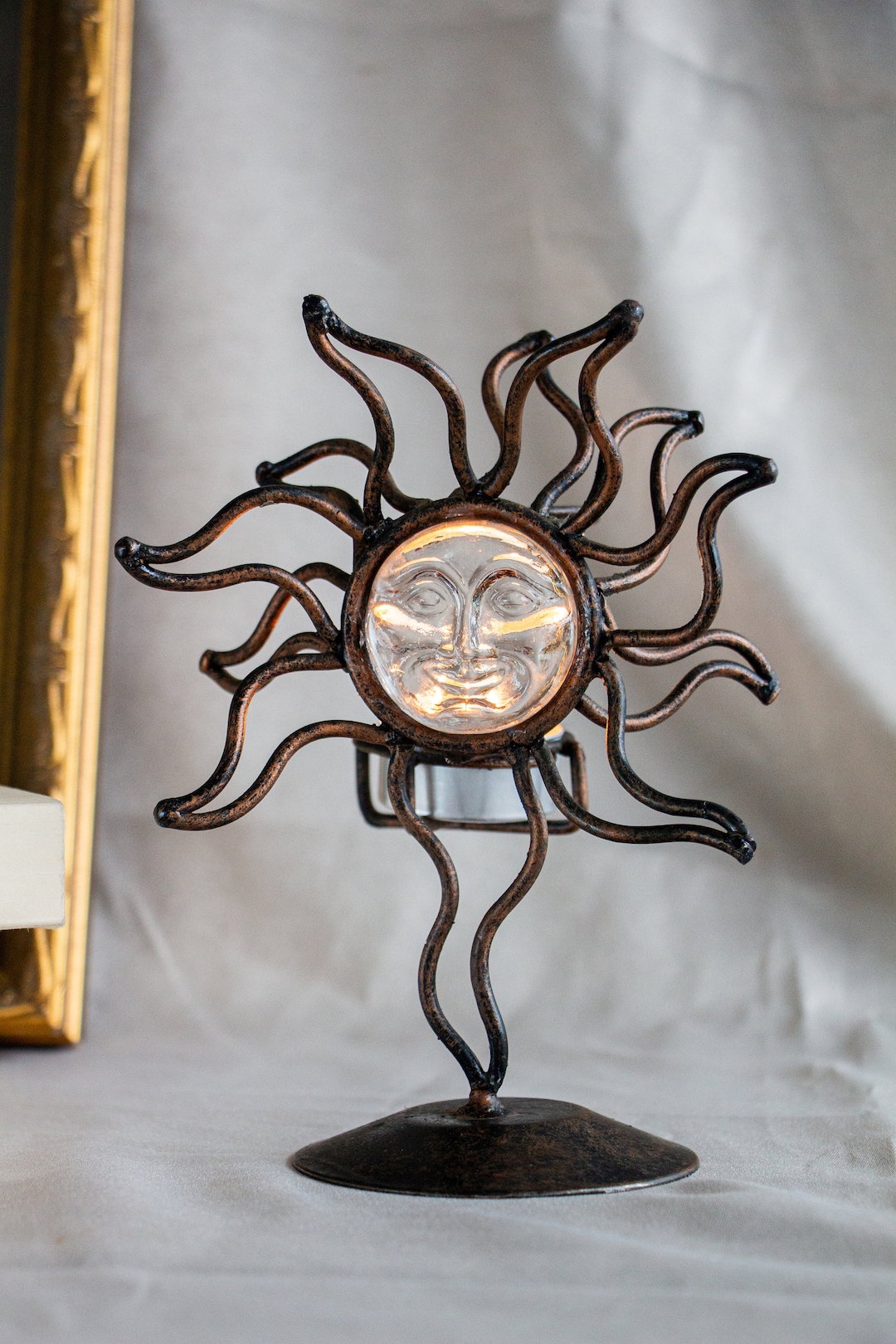 Vintage Wrought Iron Glass Sun Face Rustic Metal Sunburst - Etsy