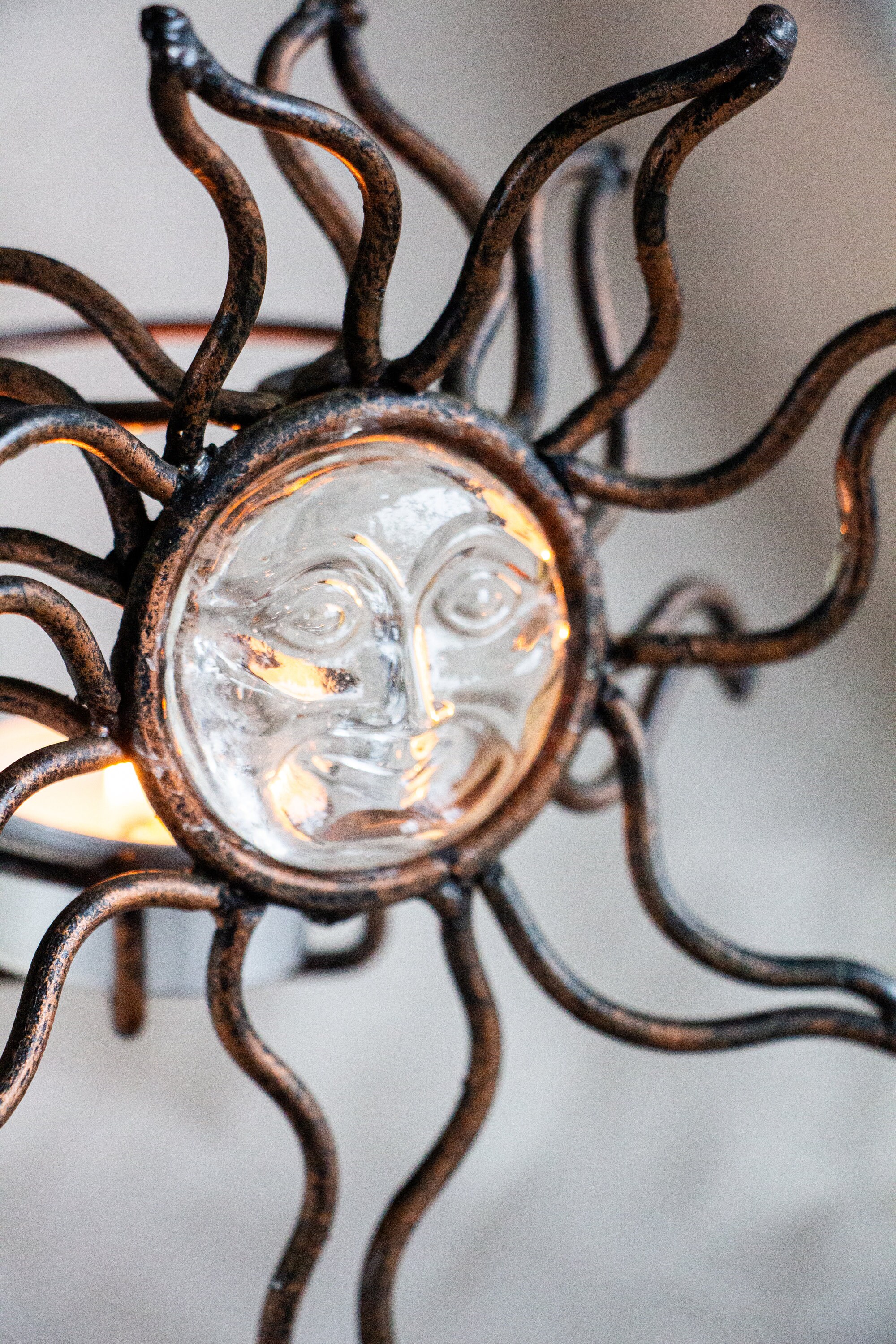 Vintage Wrought Iron Glass Sun Face Rustic Metal Sunburst Candle Holder ...