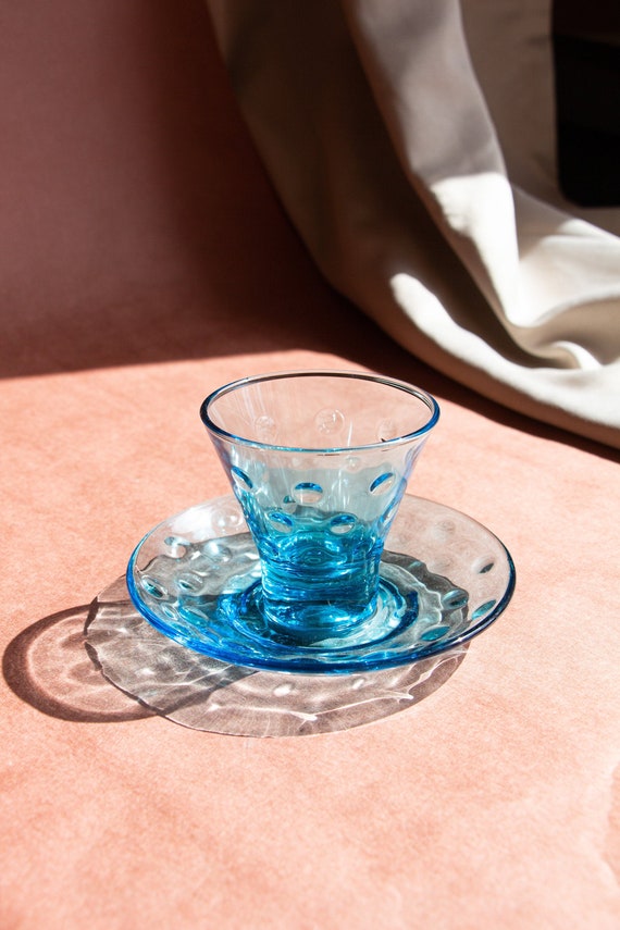 Small Vintage Blue Glass Espresso Coffee Cup With Saucer Art Deco Glassware Blue Coffee or Tea Cup With No Handle Handleless Cup Etsy