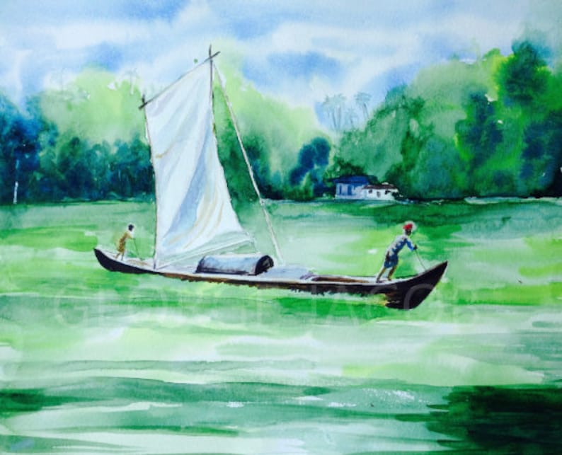 Kerala Backwaters and Boats in Pure Watercolor/ Kerala River Life ...