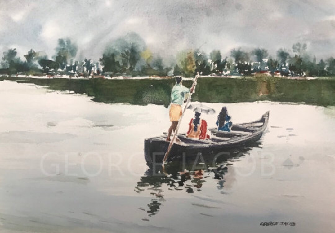 Kerala Backwaters and Boats in Pure Watercolor/ Kerala River Life ...