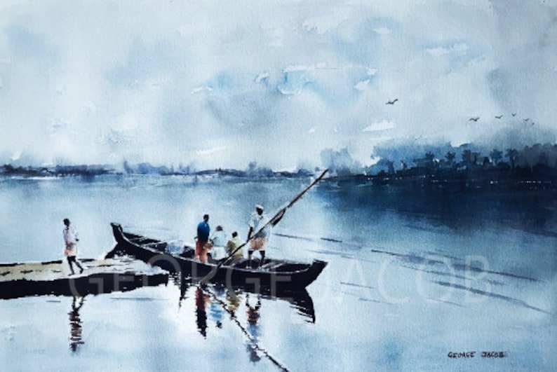 Kerala Backwaters and Boats in Pure Watercolor/ Kerala River Life ...