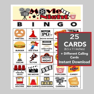 Movies, Movie Night Bingo, Family Night Games, Instant Digital Download ...