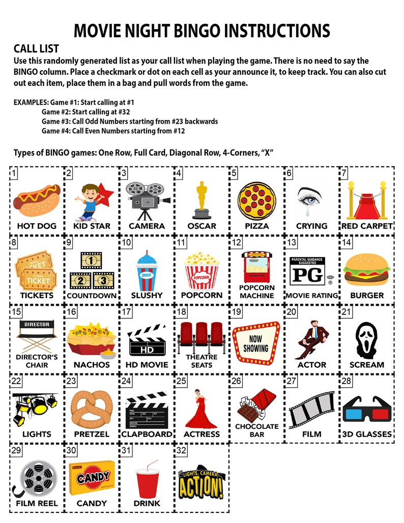 Movies, Movie Night Bingo, Family Night Games, Instant Digital Download ...
