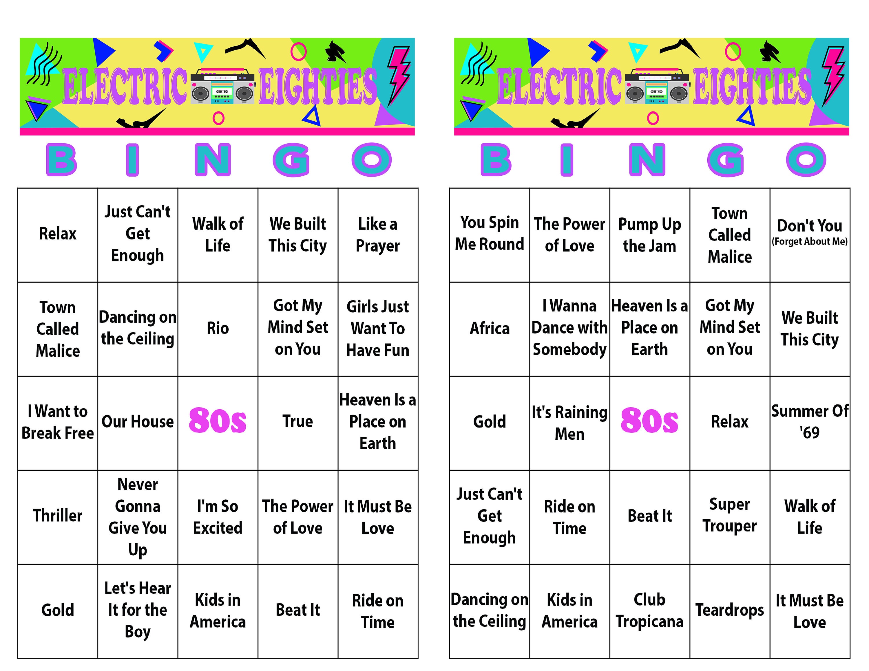 80's Music Hits, 80's Party, Instant Digital Download, Bingo Games ...