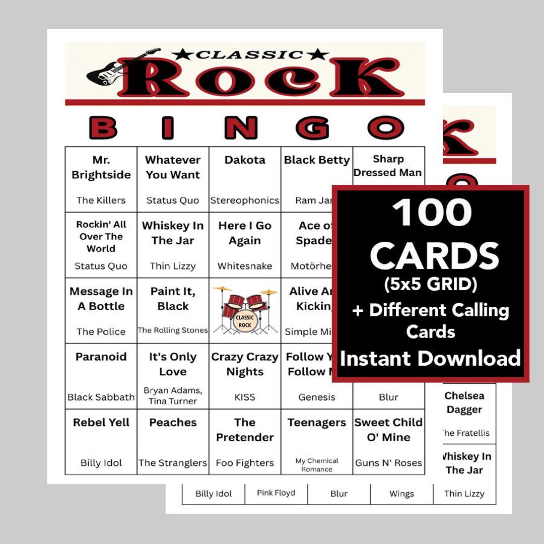 Classic Rock Music Bingo Game, 100 Cards, Spotify Playlist (digital ...